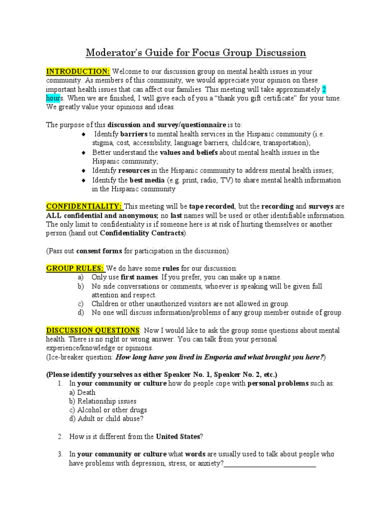 Moderator Guide For FGD | PDF | Anxiety | Major Depressive Disorder