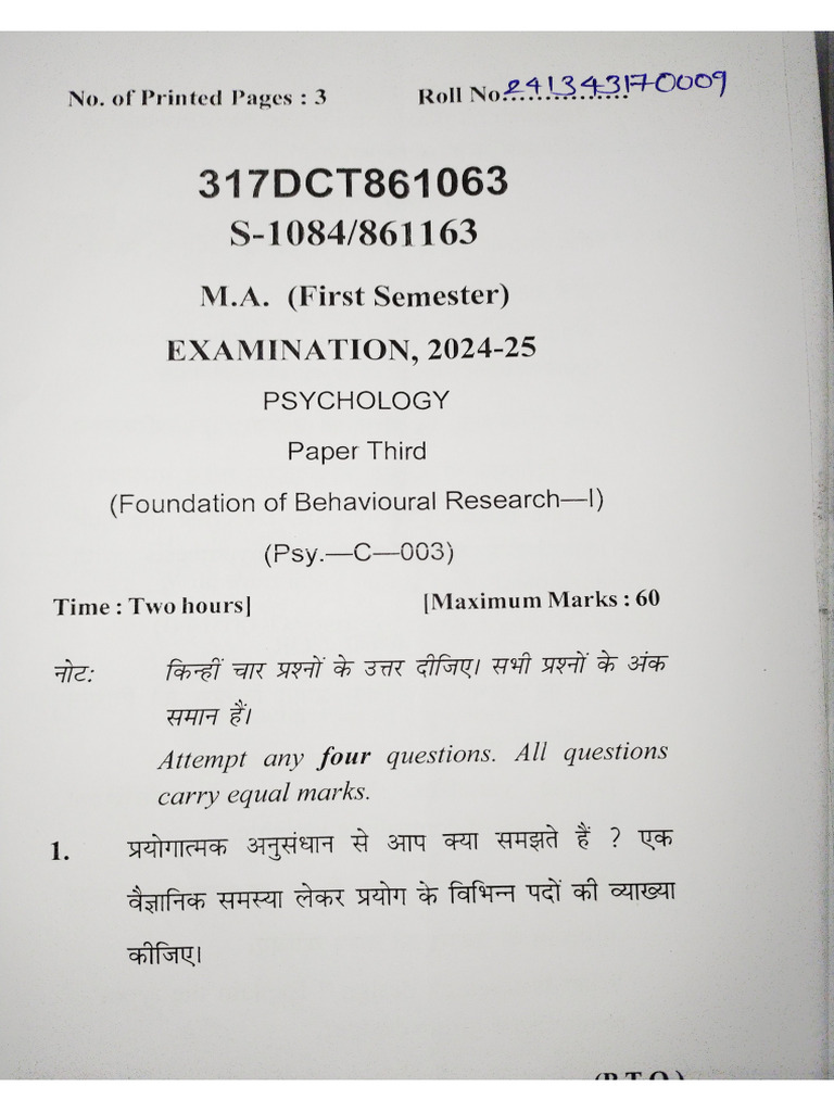 Behaviour Research Psychology Exam Paper | PDF