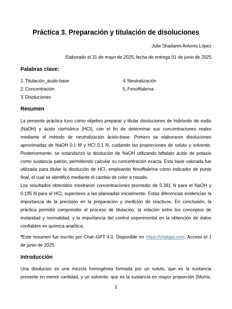 Práctica 3. Preparacion y Titulacion de Disoluciones | PDF | Valoración | Química