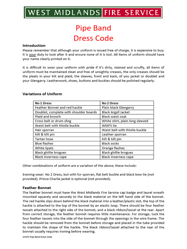 WMFS Pipe Band Uniform Guidelines | PDF | Fashion | Dress Codes