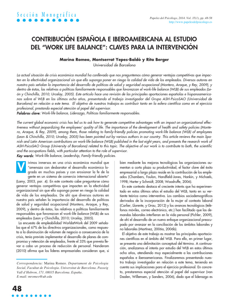 ROMEO Y OTROS - Contribución Española e Iberoamericana Al Estudio Del WLB | PDF | Liderazgo ...