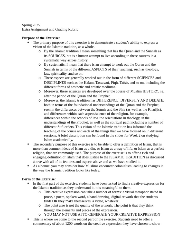 SS 101 Spring 2025 Extra Assignment With Grading Rubric | PDF | Quran | Islam