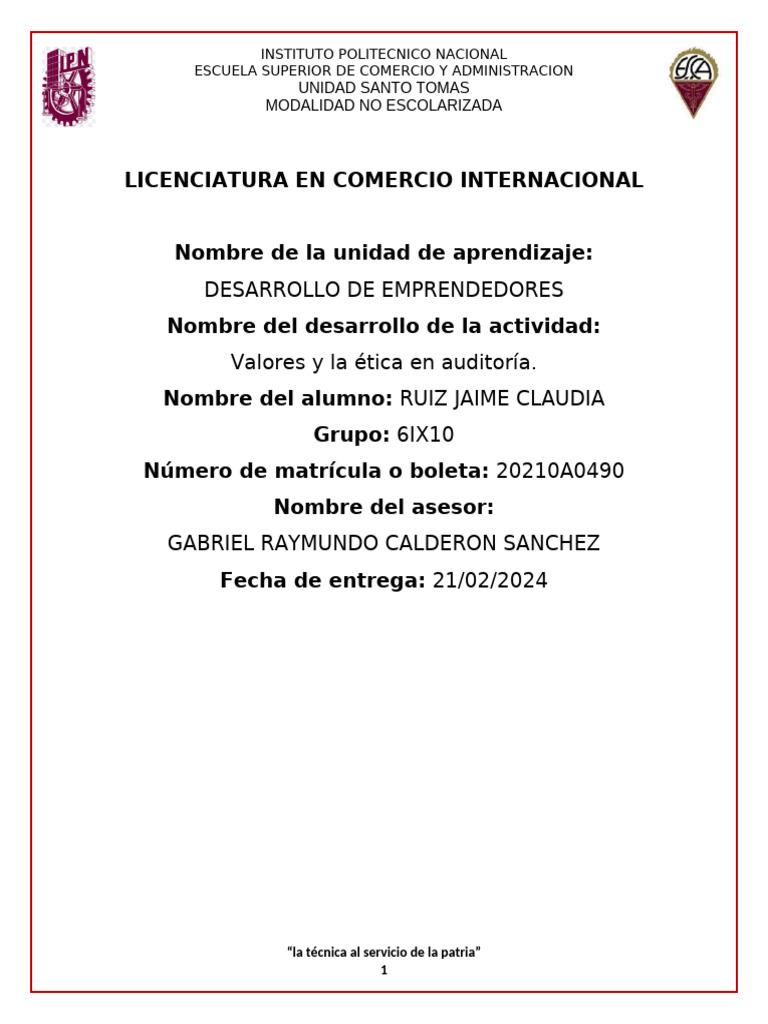 U1 - Act4 - Valores y La Ética en Auditoría. - Ruiz - Jaime - Claudia - ACE - LCI | PDF | Auditoría