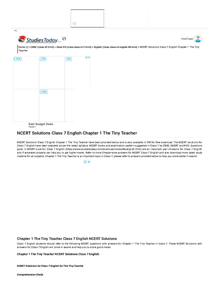 NCERT Solutions Class 7 English Chapter 1 The Tiny Teacher | PDF | Zoology
