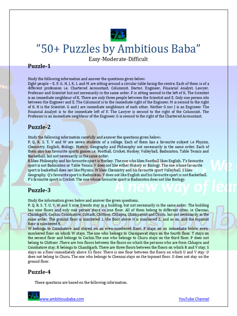 50 Puzzle Question File by Ambitious Baba | PDF