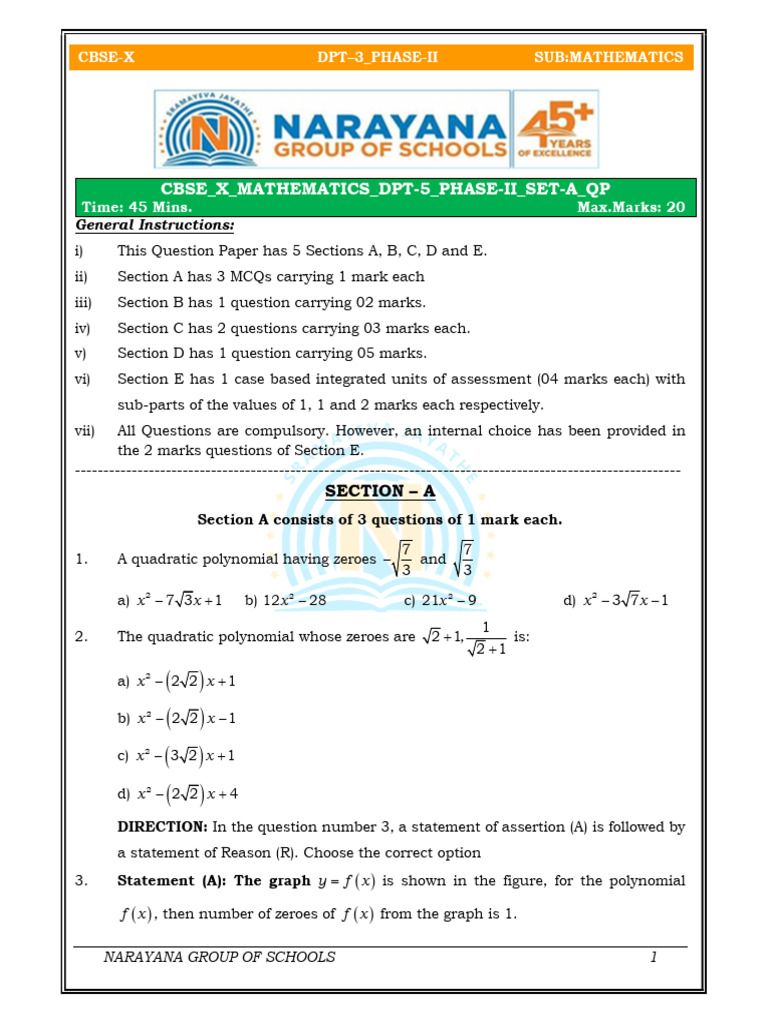01 Cbse X Mathematics Dpt-5 Phase-II Set-A 21-11-2024 QP | PDF ...
