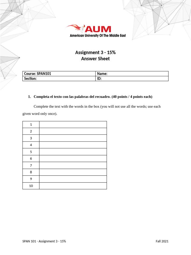 SPAN101 - Assignment 3 - Answer Sheet | PDF