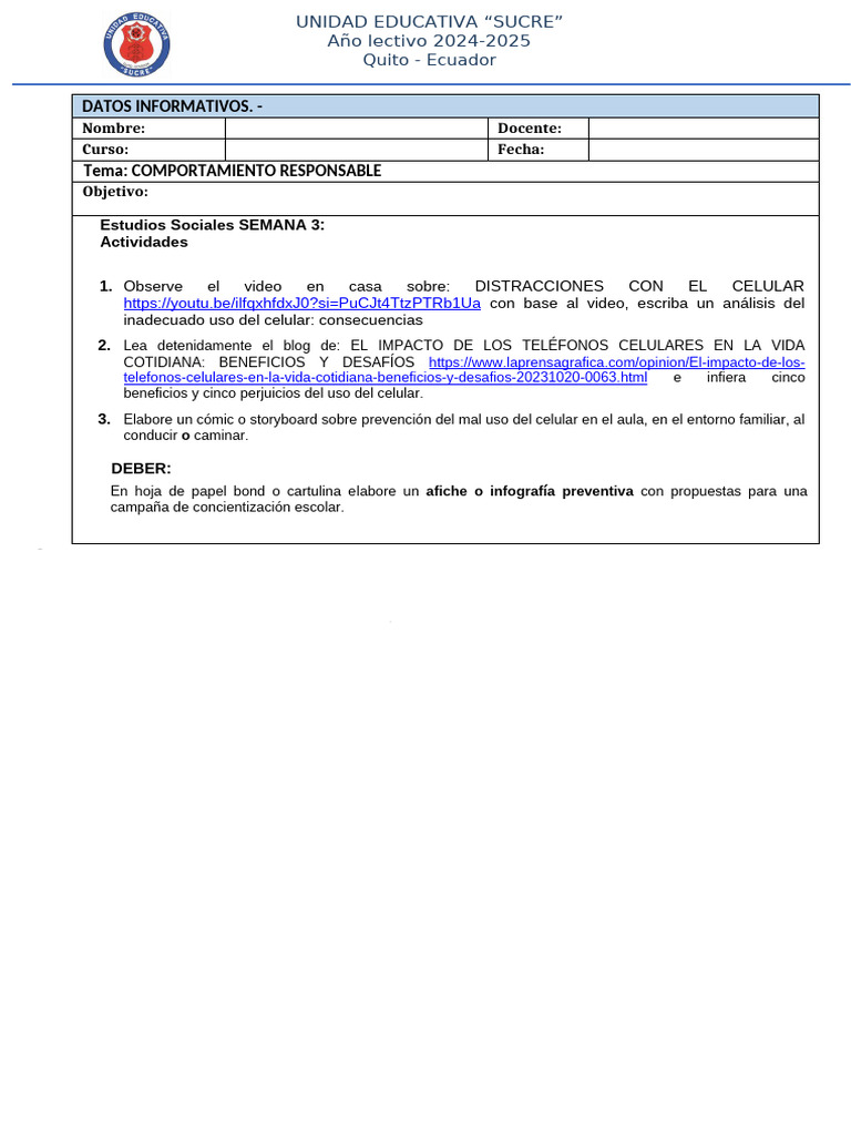 Eess. Ficha de Actividades, Proy. Interd., Semana 3, Comportamiento Responsable | PDF