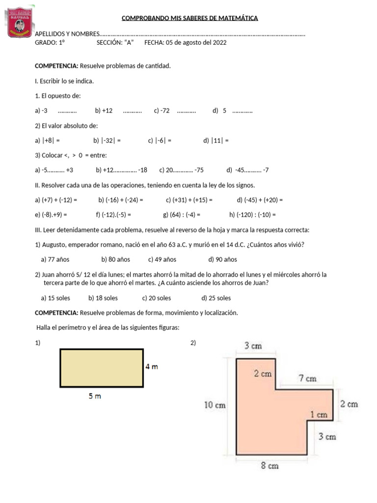 Comprobando Mis Saberes de Matemática 1° Ii Bim | PDF