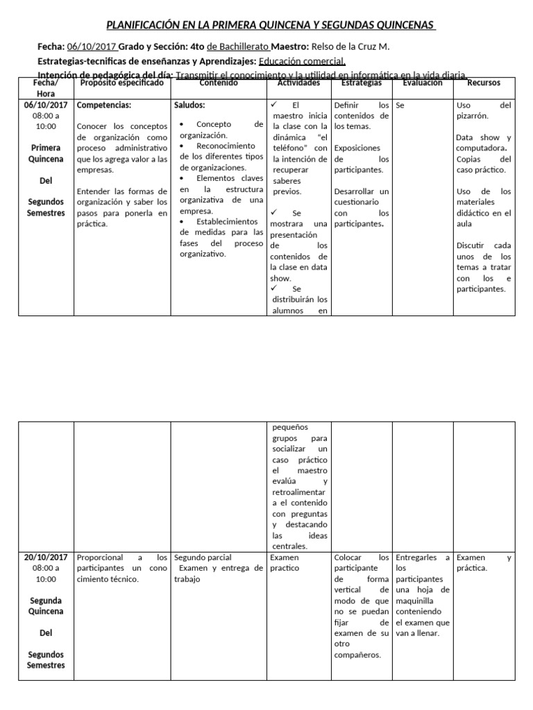 Planificación en La Primera 2019-2020quincena y Segundas Quincenas 4to ...