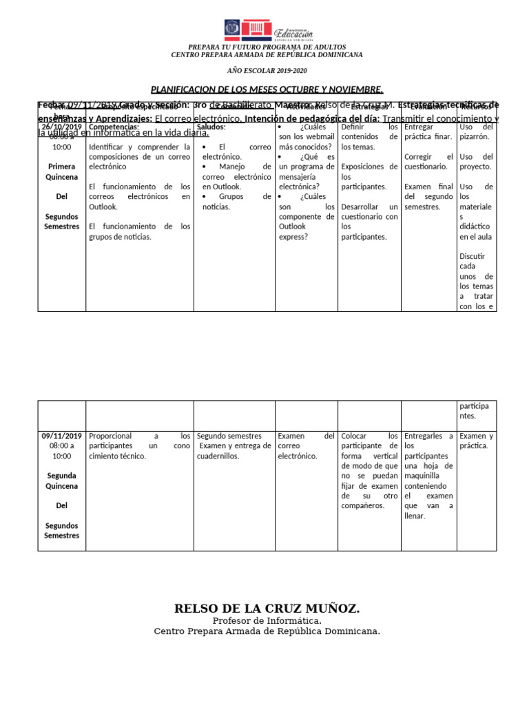Planificacion de Los Meses Octubre y Noviembre. de 3ro de Bachillerato ...