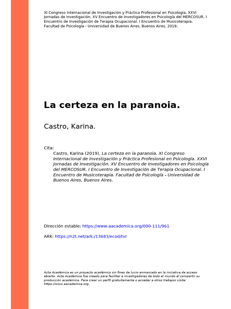Castro, Karina (2019). La Certeza en La Paranoia | PDF | Jacques Lacan | Psicosis