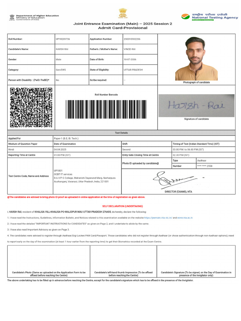 AdmitCard 250310902206 | PDF