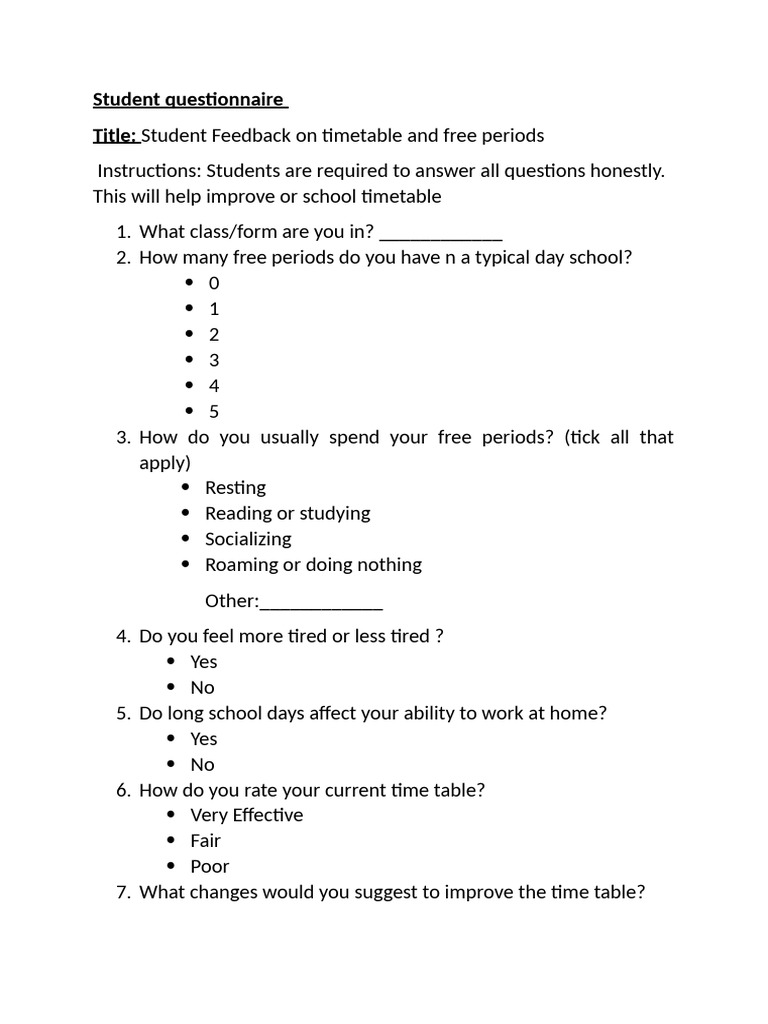 Student Questionnaire Maths | PDF