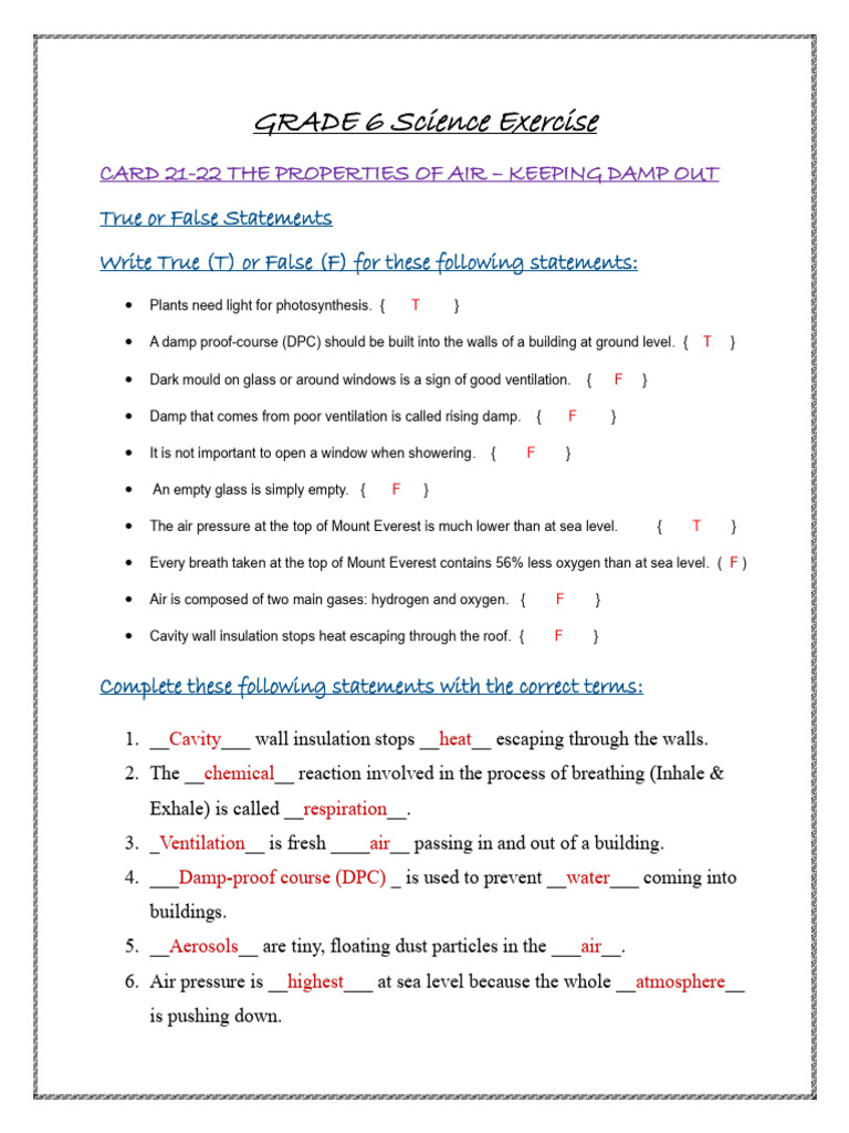 g6 Science Exercise - Properies of Air - Keeping Damp Out (Answers ...