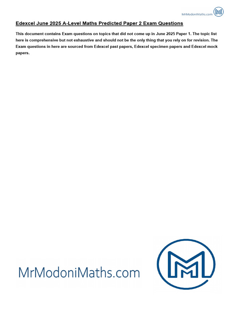 Edexcel June 2025 ALevel Maths Predicted Paper 2 Exam Questions by ...