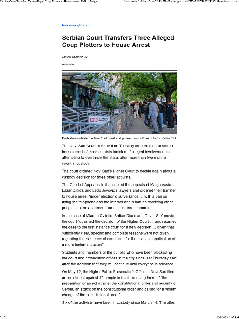 Serbian Court Transfers Three Alleged Coup Plotters To House Arrest ...