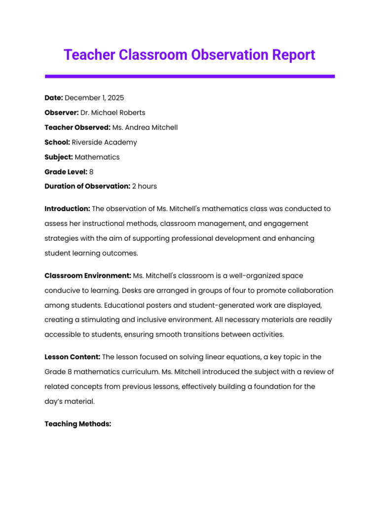 Teacher Classroom Observation Report | PDF | Classroom Management ...