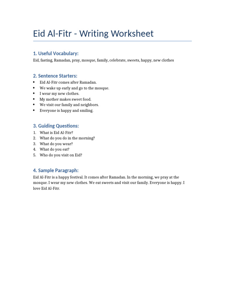 Eid Al-Fitr Writing Worksheet | PDF