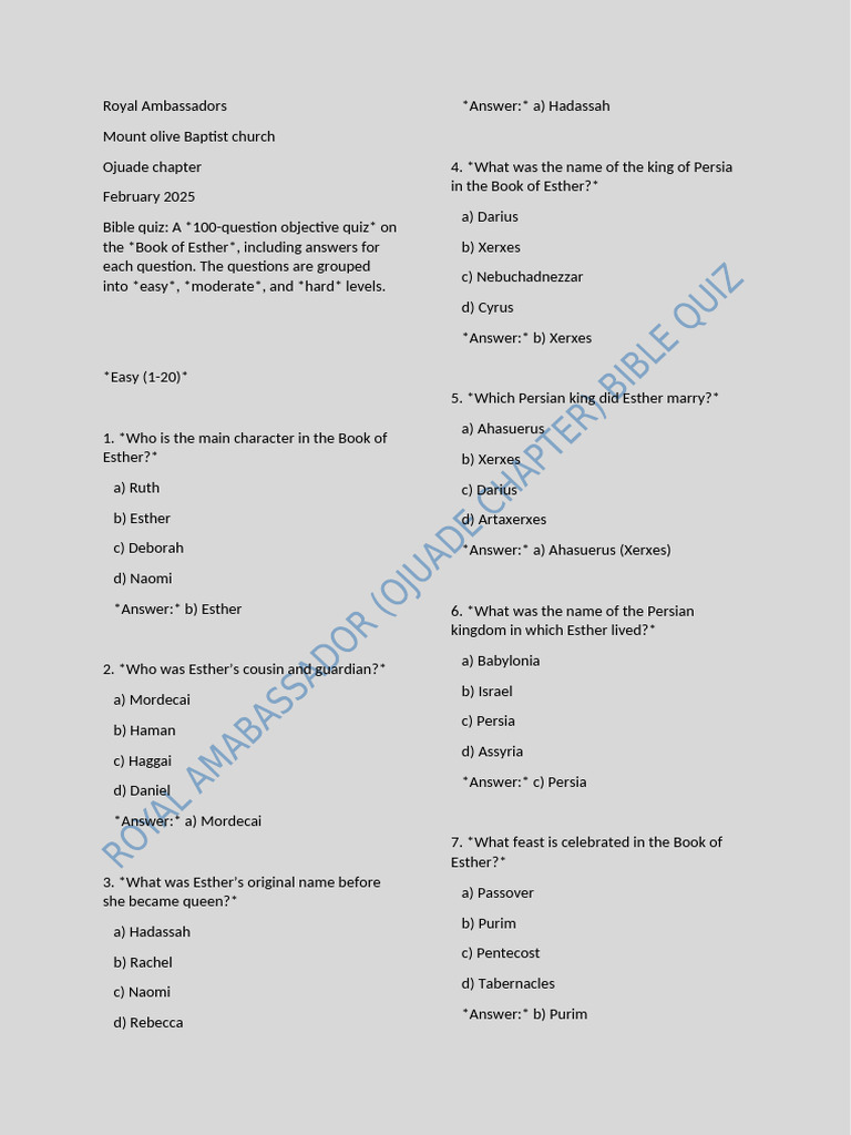 Esther Bible Quiz: 100 Questions & Answers | PDF | Esther | Book Of Esther