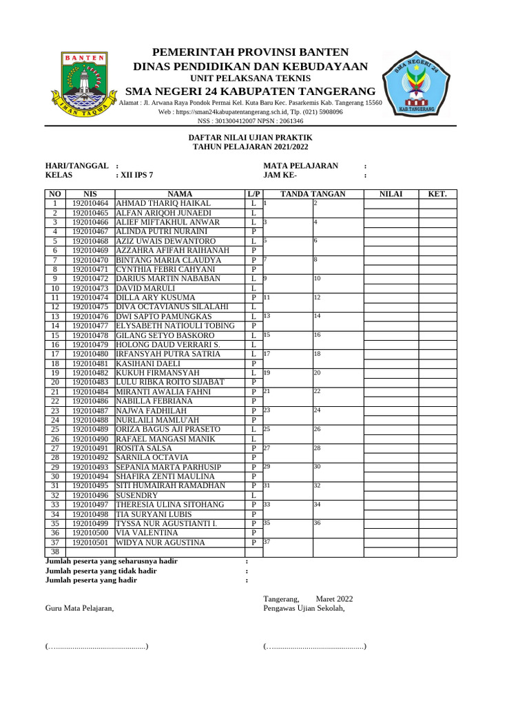 Daftar Hadir Dan Nilai Ujian Praktik | PDF