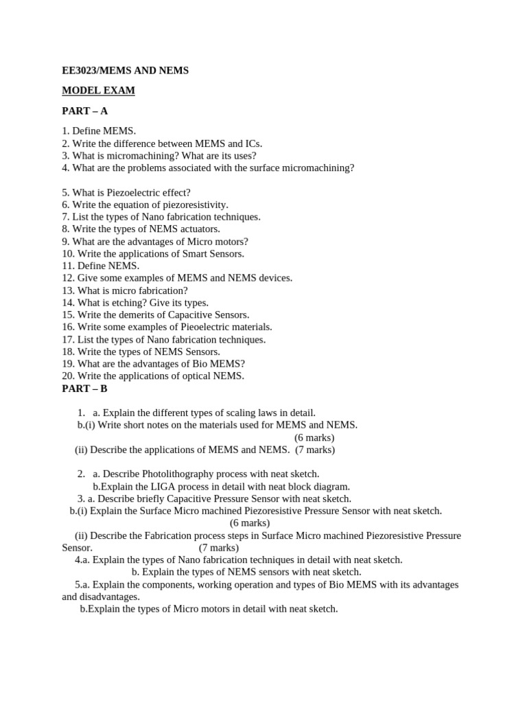 MEMS and NEMS Model Exam Important Questions | PDF | Building ...