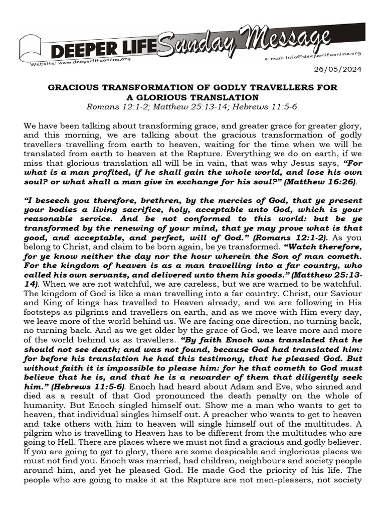 Gracious Transformation of Godly Travellers For A Glorious Translation ...
