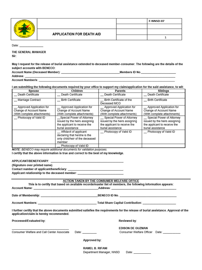 Death Aid Application Requirements | PDF | Birth Certificate | Private Law