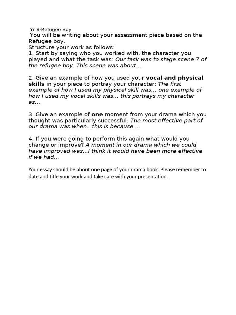 Year 8 Assessment: Refugee Boy Scene | PDF