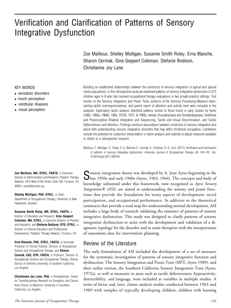 Verification and Clarification of Patterns of Sensory Integrative ...