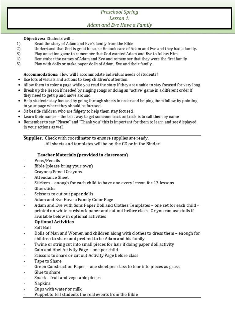 Adam and Eve Family Lesson Plan | PDF | Adam | Cain And Abel