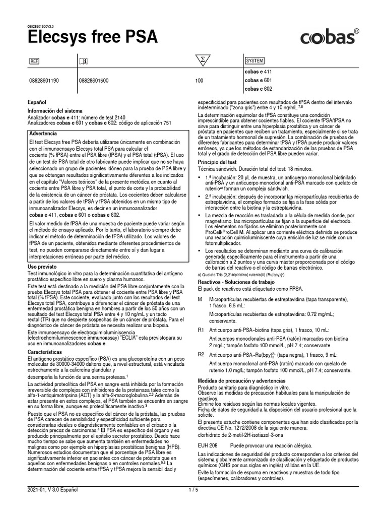Test Elecsys free PSA: Uso y Precauciones | PDF | Antígeno específico ...