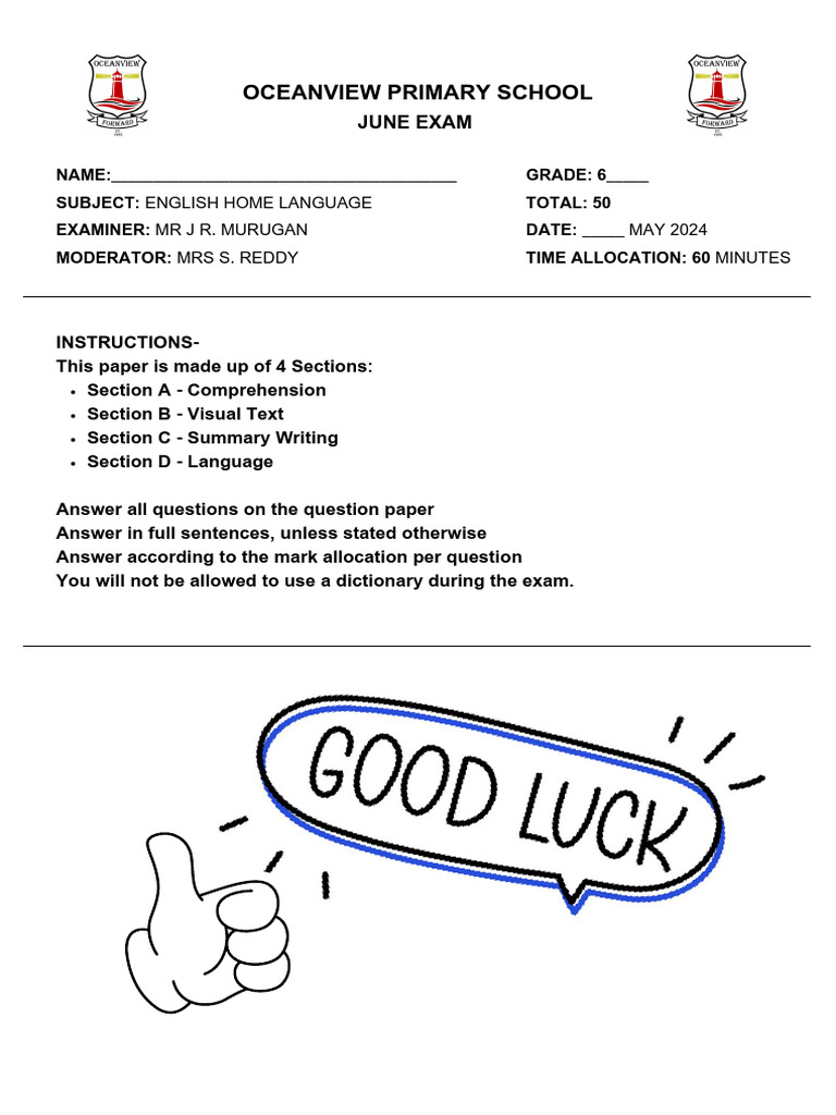 Grade 6 English Exam Paper 2024 | PDF | Chocolate | Cocoa Bean