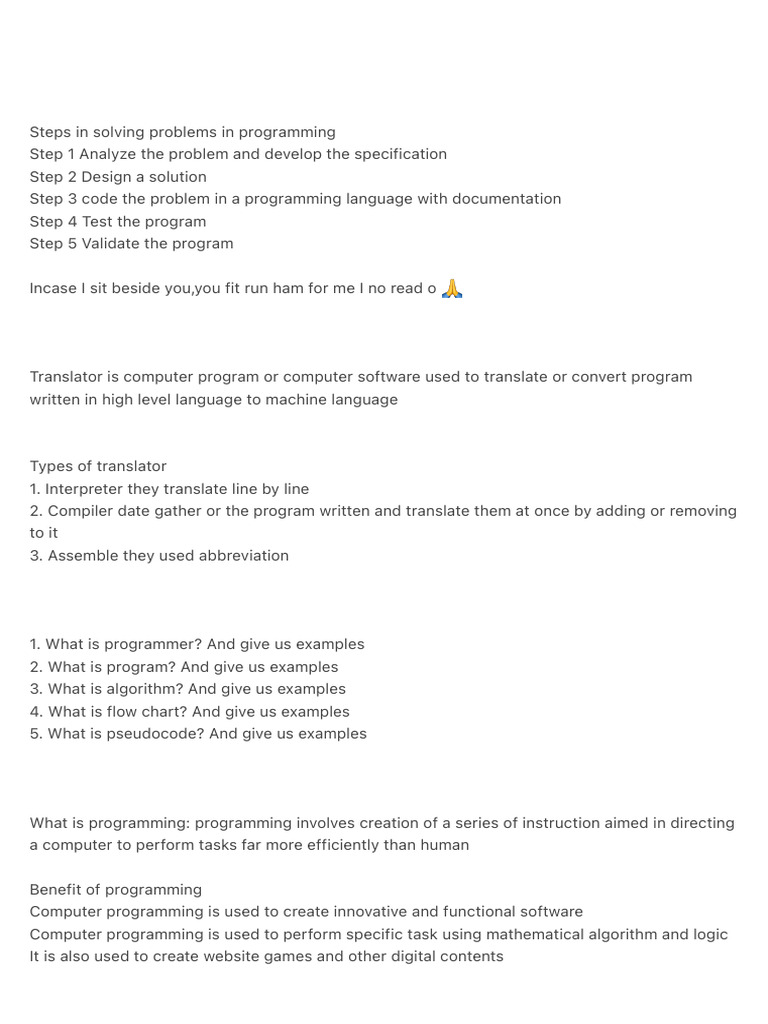 Steps in Solving Problems in Programming | PDF | Computer Programming ...