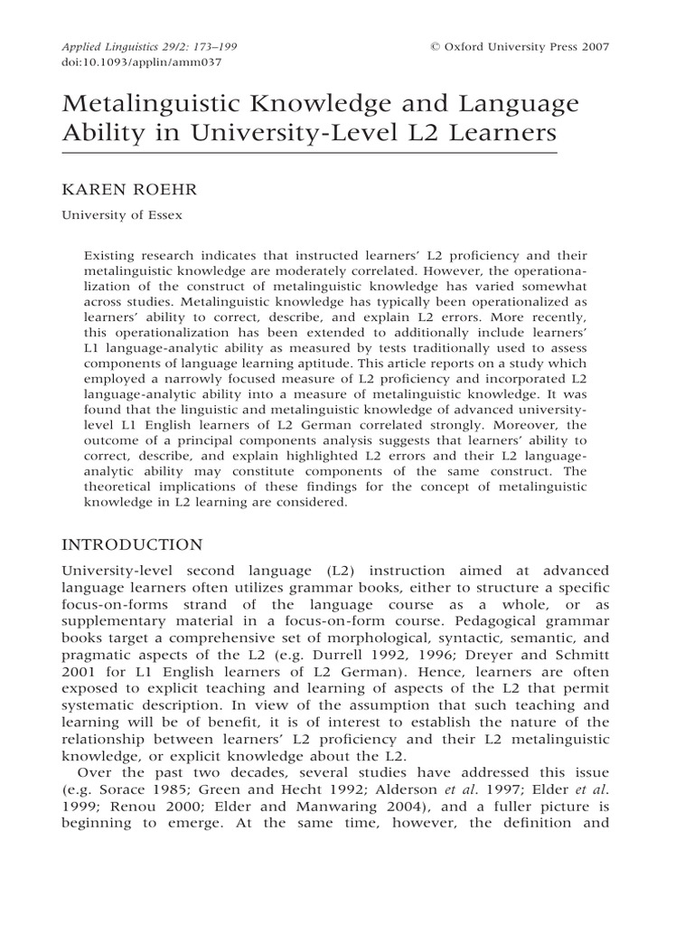 Metalinguistic Knowledge - Roehr - 2008 - AL | PDF | Second Language | Adjective
