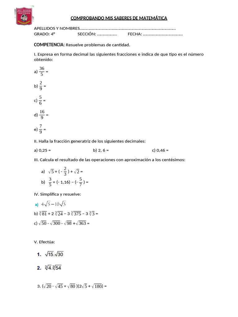 Comprobando Mis Saberes de Matemática-4° | PDF