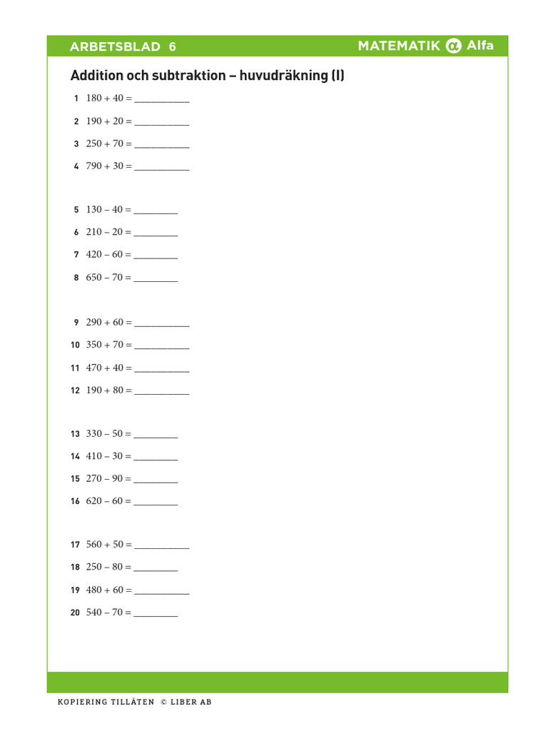 A AB 06 Addition Och Subtraktion - Huvudrakning (I) v-1 | PDF