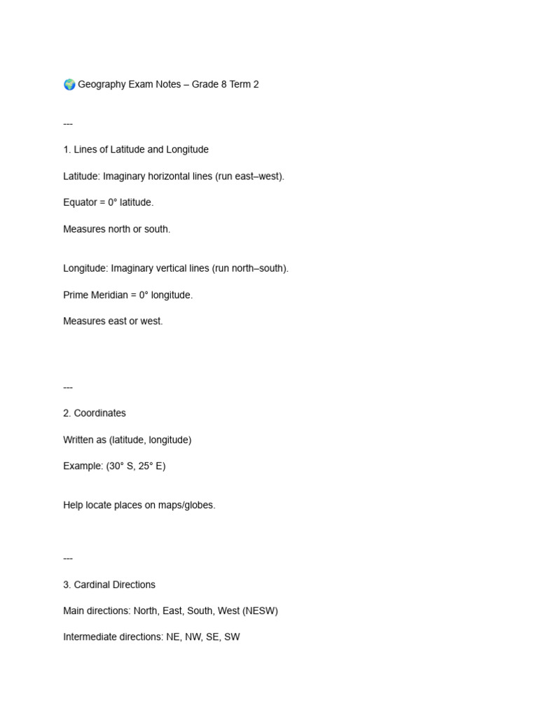 ? Geography Exam Notes - Grade 8 Term 2 | PDF