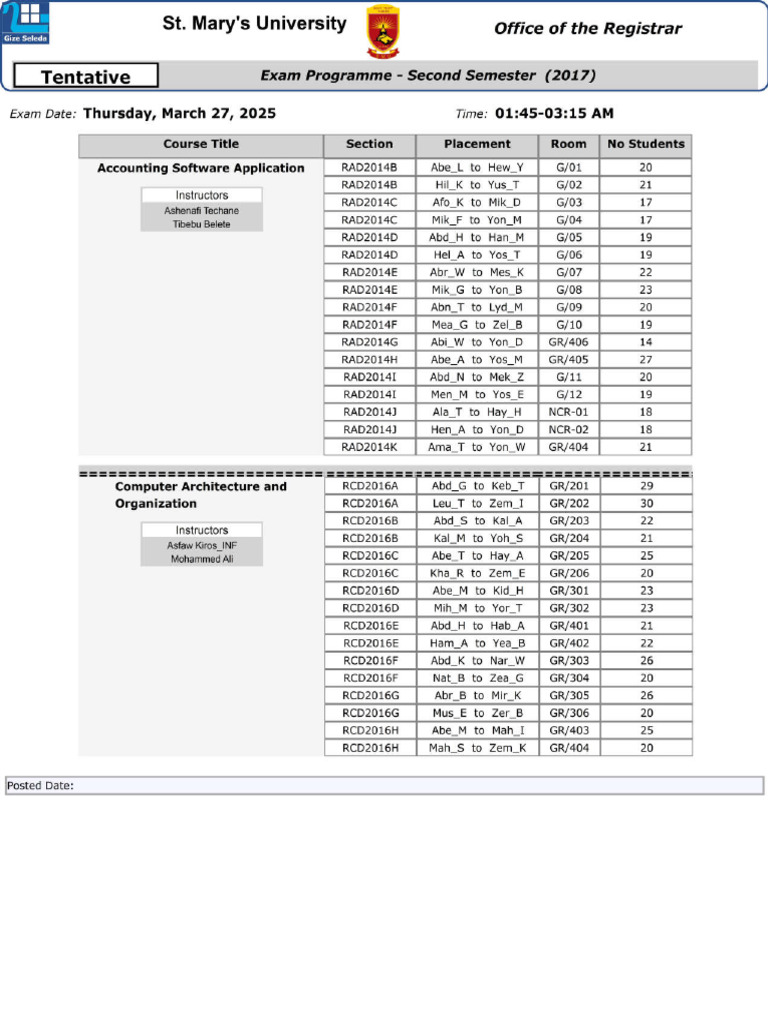 2017 E C Second Semester Tentative Mid Exam Schedule For Regular | PDF