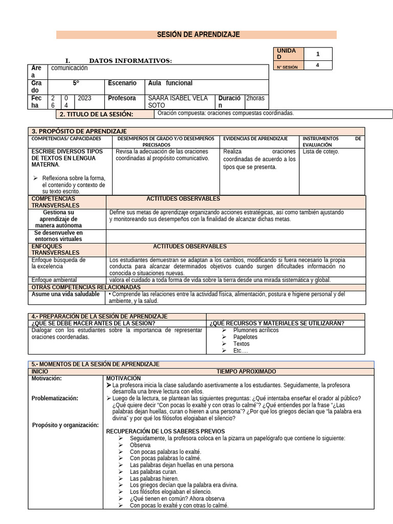 Sesión de Aprendizaje #4 | PDF | Oración (Lingüística) | Aprendizaje