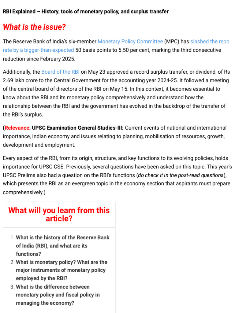 RBI Monetary Policy Tools Explained | PDF | Reserve Bank Of India ...