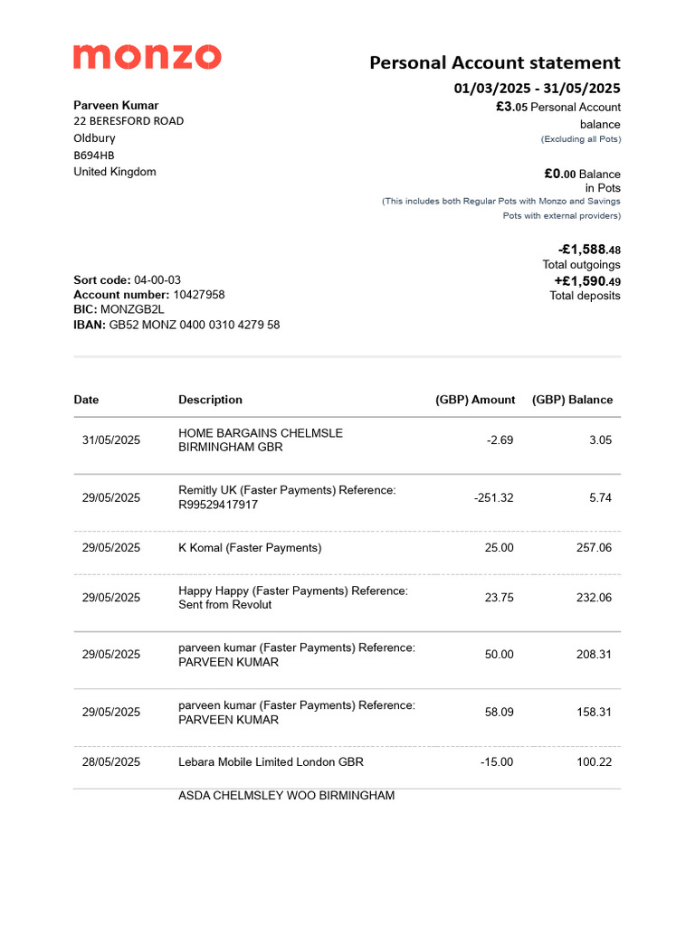 Monzo - Bank - Statement - 2025 03 01 2025 05 31 - 2391 | PDF | Deposit ...