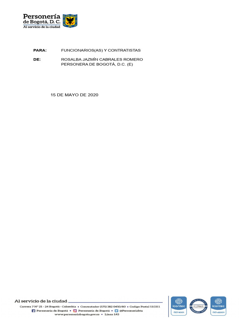 Circular 005 - Lineamientos Retorno Presencial Personeria de Bogota Ultima Version | PDF ...