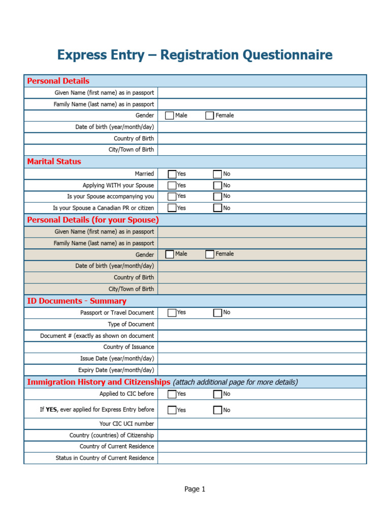 Express Entry Registration Questionnaire | PDF | Passport | International English Language ...