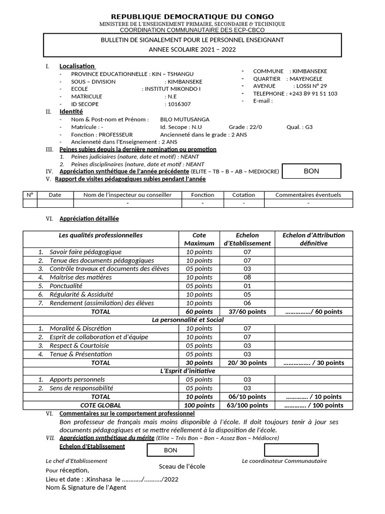 Bulletin de Signalement Enseignant 2022 | PDF