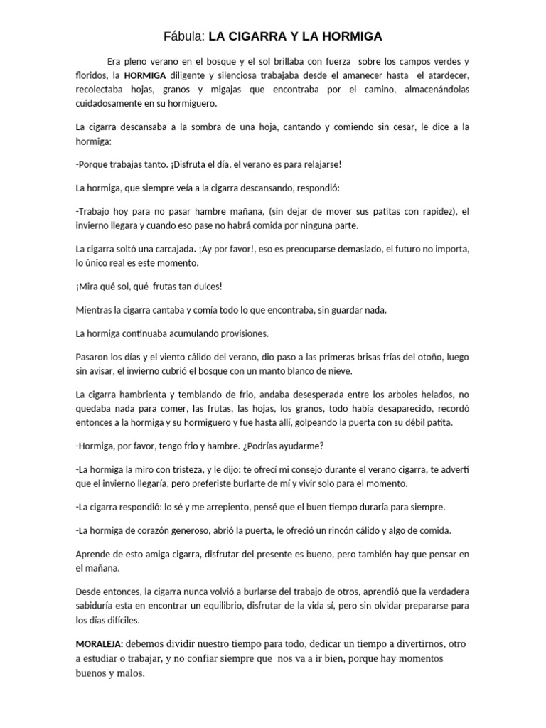 Fabula La Cigarra y La Hormiga 1 | PDF