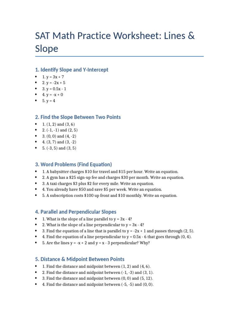 SAT Math Practice Worksheet Lines Slope | PDF