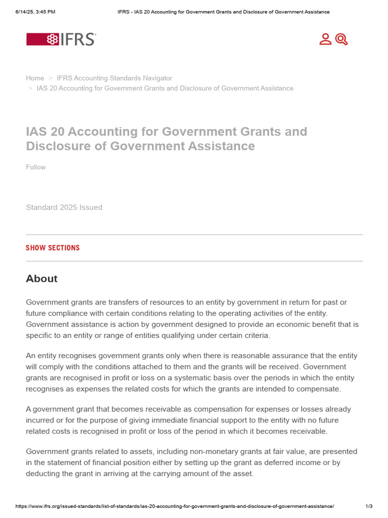 IFRS - IAS 20 Accounting For Government Grants and Disclosure of Government Assistance | PDF ...