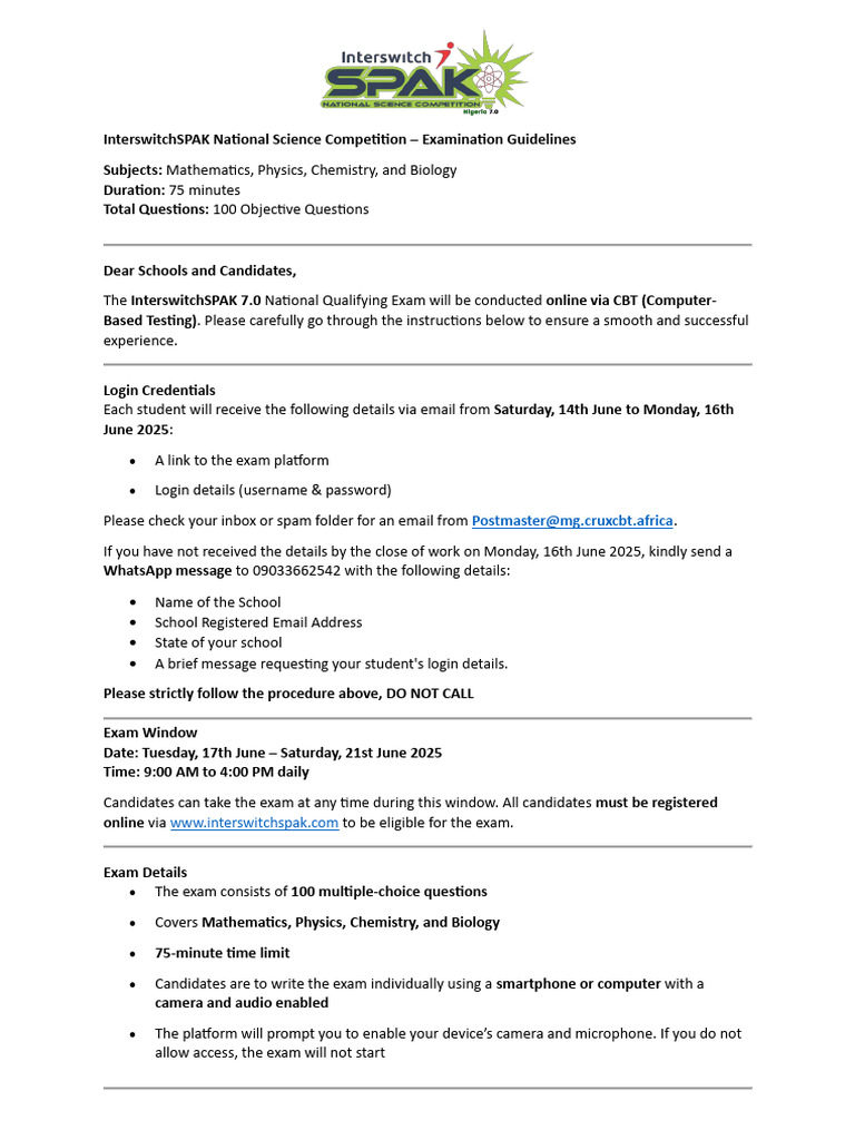 InterswitchSPAK 7.0 Examination Guidelines | PDF | Computing