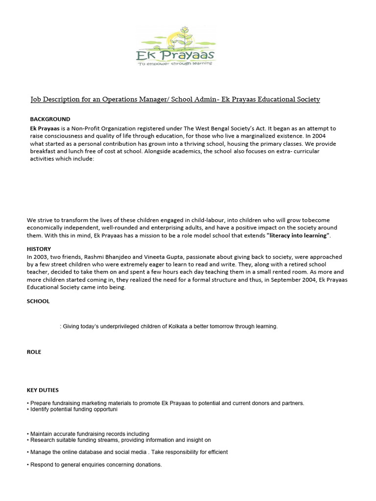 JD For An Operations Manager | PDF | Fundraising | Literacy